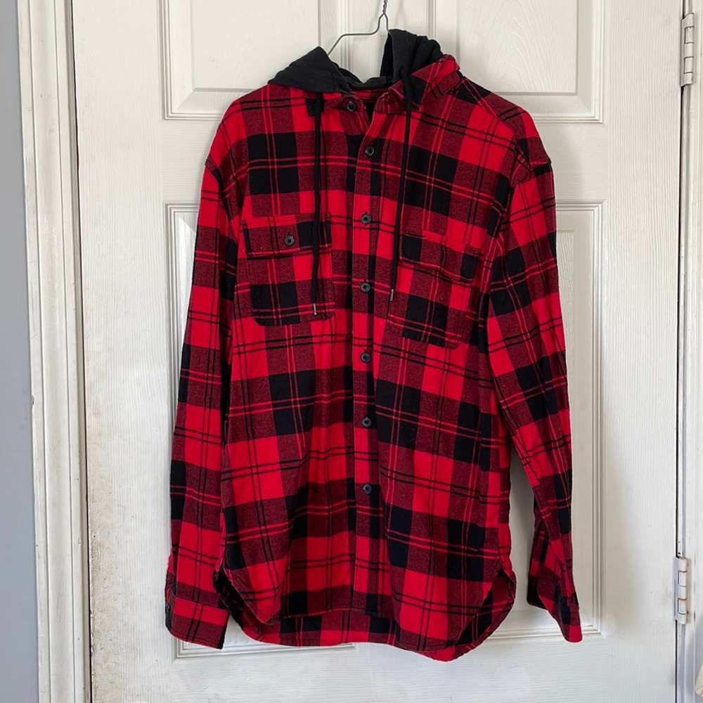 Original Use Red Black Plaid Flannel Hooded Pullover … - Gem